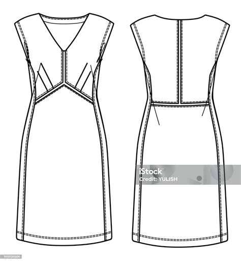 벡터 여름 V 넥 드레스 패션 Cad 스티치 기술 도면 템플릿 플랫 스케치와 여성 미니 드레스 저지 또는 짠 직물 드레스 전면 후면보기 흰색 미디 드레스에 대한 스톡 벡터