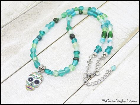 Sugar Skull Choker Necklace Short Teal Blue Skull Necklace Day Of The