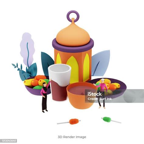 3d 렌더링 Iftar 먹는 후 금식 파티 일러스트 개념 라마단 카림에서 모슬렘 가족 저녁 식사 또는 사람들의 성격과 이드를 축하 Eid Ul Fitr에 대한 스톡 사진 및