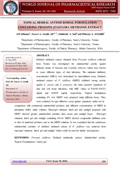 Pdf Topical Herbal Antimicrobial Formulation Containing Prosopis Juliflora Methanol Extract