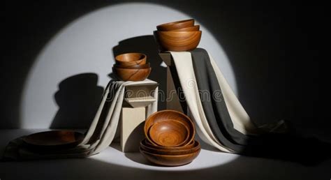 Artistic Arrangement Of Stacked Wooden Bowls Under Dramatic Spotlight