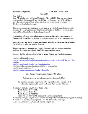 Fillable Online Nbths Nbtbabes Summer Assignment AP CALCULUS AB June 2017 North Fax