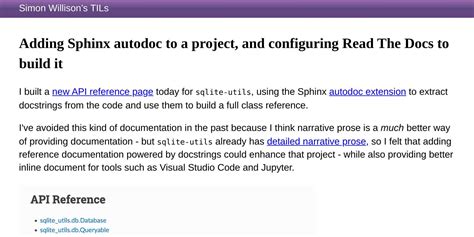 Adding Sphinx Autodoc To A Project And Configuring Read The Docs To Build It Simon Willisons