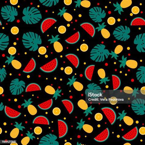 수박 파인애플 야자수 잎이 검은 색으로 여름의 매끄러운 패턴 계절 벡터 배경입니다 포스터 카드 배너 전단지 스티커 직물 옷으로 템플릿을 쉽게 편집 할 수 있습니다 감정에
