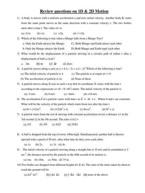 Review Questions On 1d Pdf Acceleration Velocity