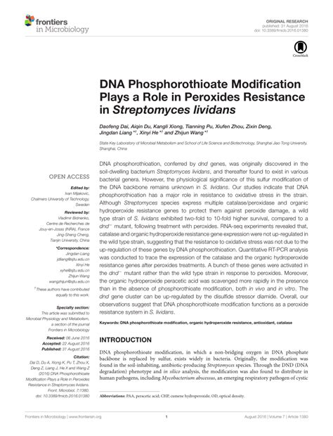 Pdf Dna Phosphorothioate Modification Plays A Role In Peroxides Resistance In Streptomyces