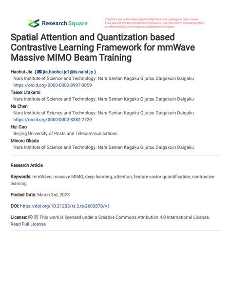Pdf Spatial Attention And Quantization Based Contrastive Learning Framework For Mmwave Massive