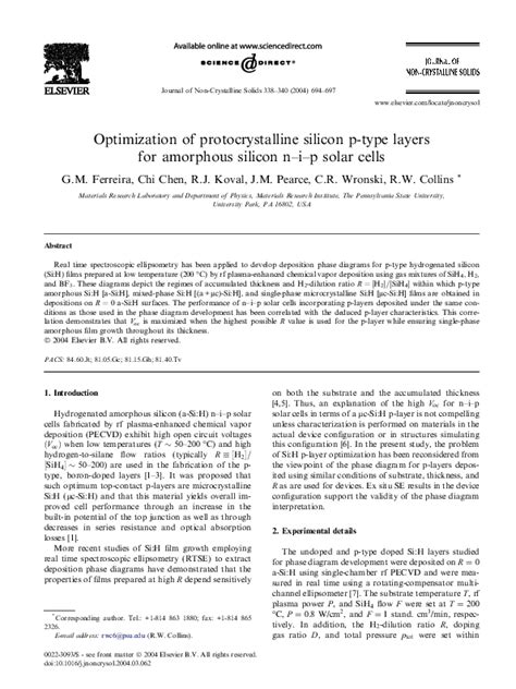 Pdf Optimization Of Protocrystalline Silicon P Type Layers For Amorphous Silicon N I P Solar Cells