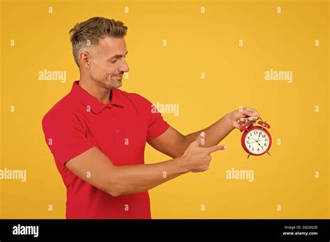 Look At Clock Handsome Man Point Finger At Alarm Clock Check Current Time Countdown And