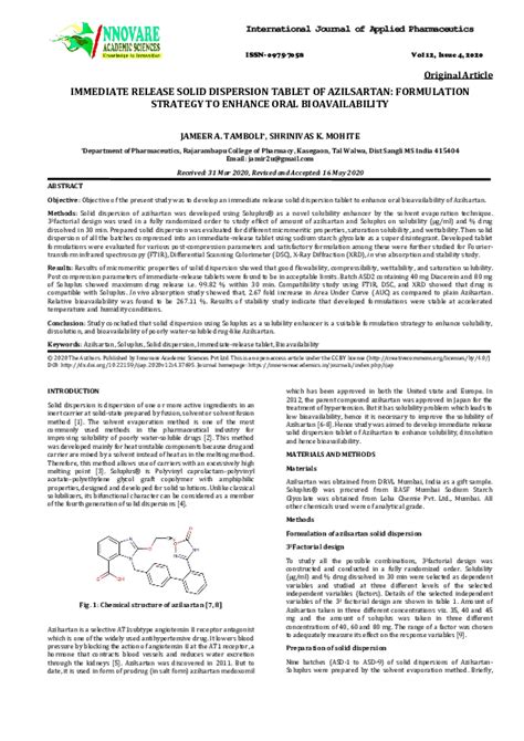 Pdf Immediate Release Solid Dispersion Tablet Of Azilsartan Formulation Strategy To Enhance