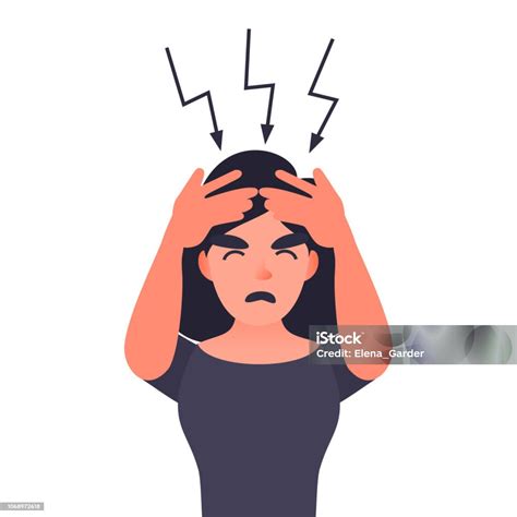 두통으로 좌절된 여자입니다 편두통과 만화 벡터 여성 문자입니다 어린 소녀 그녀의 마에 손을 눌러 개념에 대한 스톡 벡터 아트 및 기타 이미지 Istock