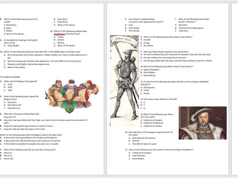 Multiple Choice Questions Quiz Middle Ages Teaching Resources