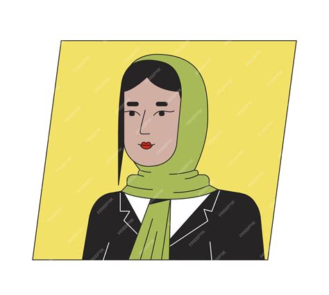 히잡 플랫 컬러 만화 아바타 아이콘에 갈색 머리 이슬람 여자 편집 가능한 2d 사용자 초상화 선형 그림 격리 된 벡터 얼굴