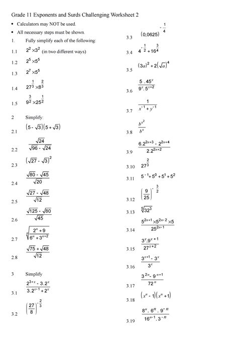 Exponentsand Surds Cw 2 Grade 11 Exponents And Surds Challenging