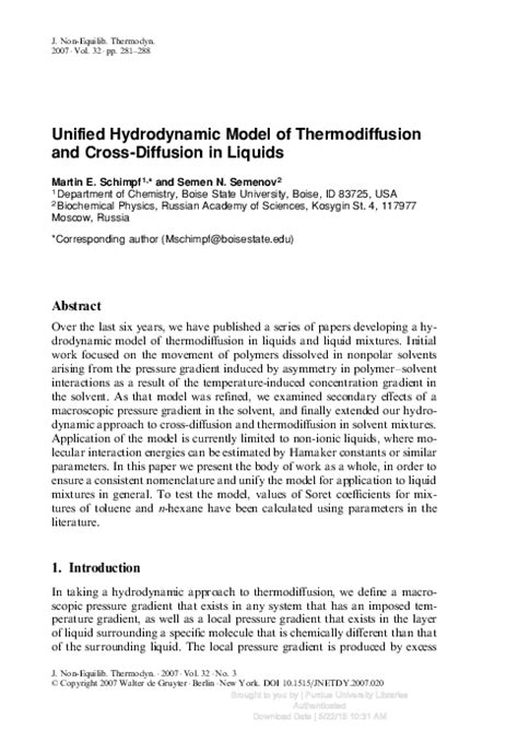Pdf Unified Hydrodynamic Model Of Thermodiffusion And Cross Diffusion In Liquids