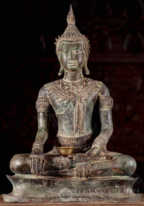 Sold Brass Uttong Buddha Statue In Earth Touching Antique Green Patina Elaborate Jewelry 31