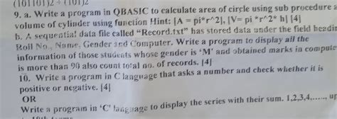 A Write A Program In Qbasic To Calculate Area Of Circle Using Sub Proced