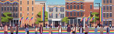 Lgbt 무지개 깃발을 가진 혼혈 사람들 걷는 도시 거리 게이 레즈비언 사랑 퍼레이드 프라이드 축제 트랜스젠더 사랑 개념 Film Festival에 대한 스톡 벡터 아트 및