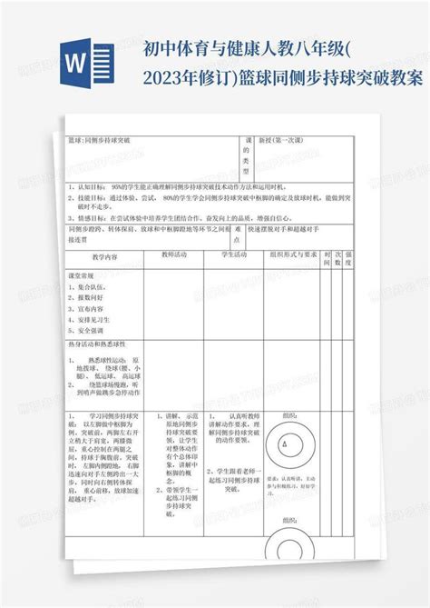初中体育与健康人教八年级 2023年修订 篮球同侧步持球突破教案Word模板下载 编号qbngxvwv 熊猫办公