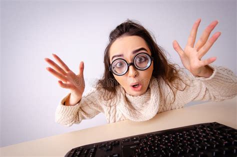 The Funny Nerd Girl Working On Computer Stock Image Image Of