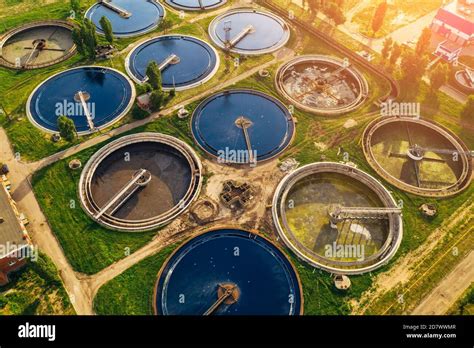 Aerial Top View Of Wastewater Treatment Plant Filtration Of Dirty Or