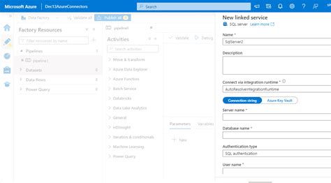 azure data factory connectors parameters to do additional services