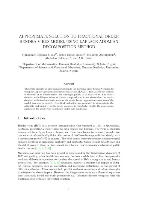 Pdf Approximate Solution To Fractional Order Hendra Virus Model Using Laplace Adomian