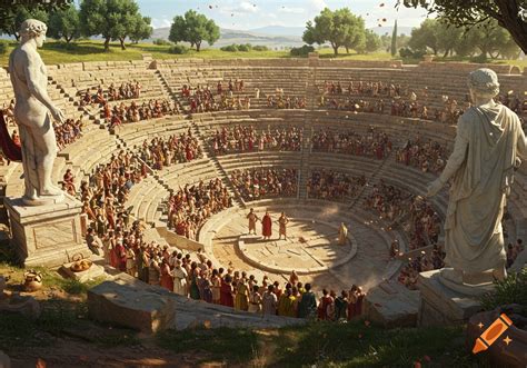 An Ancient Greek Amphitheater Packed With People Watching A