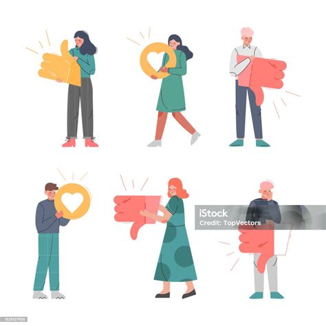 엄지손가락을 위아래로 움직여 표지판을 들고 있는 사람들 캐릭터는 승인과 비승인 벡터 일러스트레이션 세트의 통지로 주기에 대한