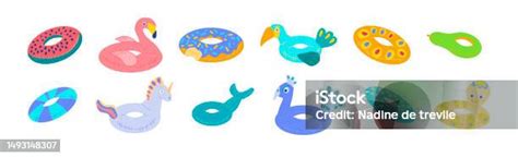 플라밍고 공작 펠리컨 유니콘 문어 배 수박 및 도넛의 형태로 풍선 수영장 수레와 반지 세트 플랫 만화 스타일의 일러스트레이션 개체 그룹에 대한 스톡 벡터 아트 및 기타