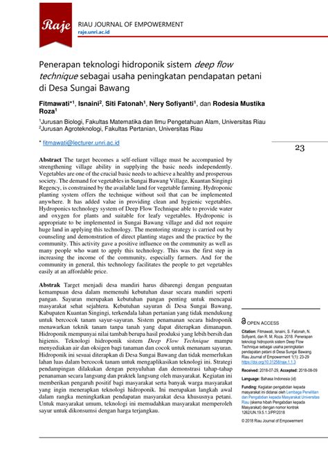 Pdf Penerapan Teknologi Hidroponik Sistem Deep Flow Technique Sebagai Usaha Peningkatan