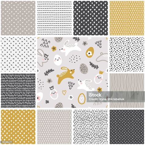 손으로 그린 토끼와 계란 순진한 예술 낙서 스타일의 창조적 인 봄 디자인과 유치한 부활절 원활한 패턴의 귀여운 세트 부활제에 대한 스톡 벡터 아트 및 기타 이미지 Istock