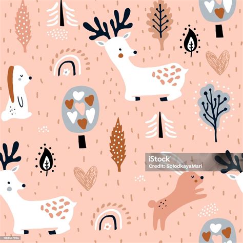 점프 토끼와 원활한 유치한 패턴 숲에서 사슴 직물 포장 섬유 벽지 의류에 대한 창조적 인 삼림 지의 질감 벡터 일러스트레이션
