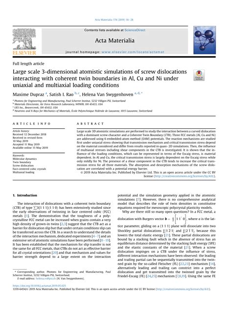 Pdf Large Scale 3 Dimensional Atomistic Simulations Of Screw