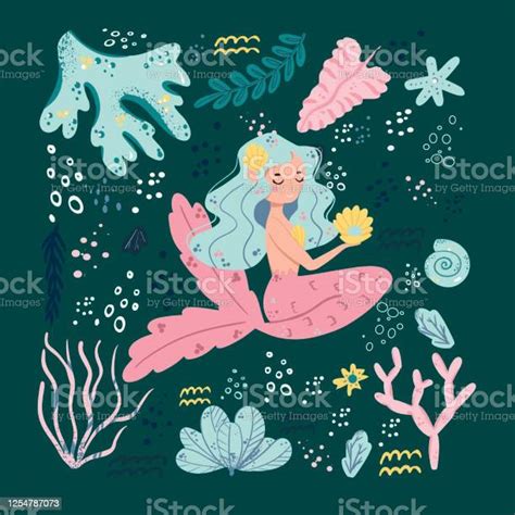 귀여운 인어와 바다 식물 재미있는 만화 캐릭터와 산호는 흰색에 고립되어 있습니다 인어 소녀와 여름 클립 아트 고래에 대한 스톡 벡터 아트 및 기타 이미지 Istock