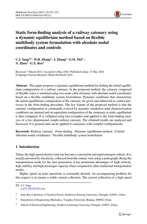 Pdf Static Form Finding Analysis Of A Railway Catenary Using A Dynamic Equilibrium Method
