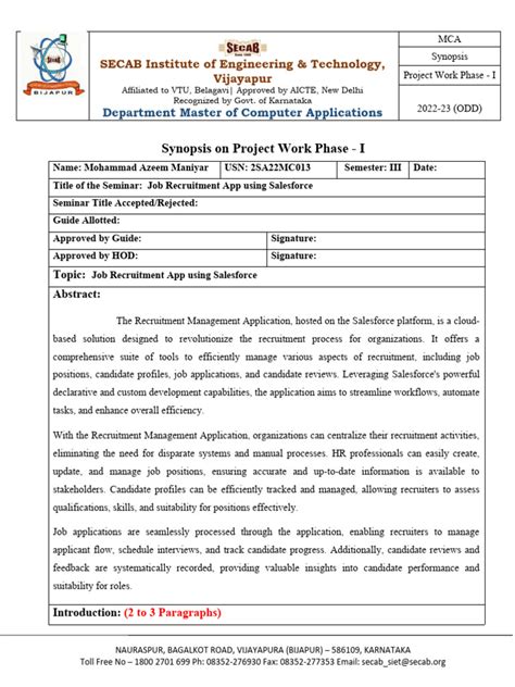 Project Synopsis Format Download Free Pdf Recruitment Computing