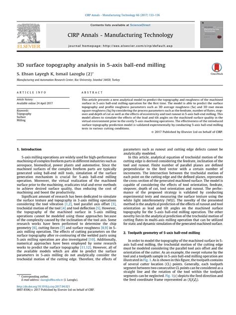 3d Surface Topography Analysis In 5 Axis Ball End Milling Pdf Machining Surface Roughness