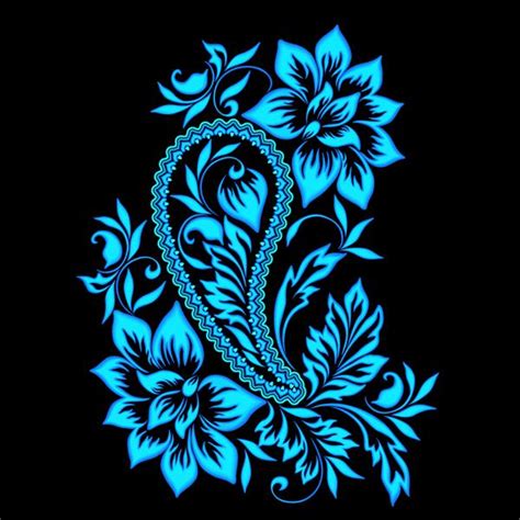 Paisley الگوی هنر عامیانه گل آبی تزئینات قومی سنتی شی ایزوله شده در پس زمینه سیاه چاپ وکتور