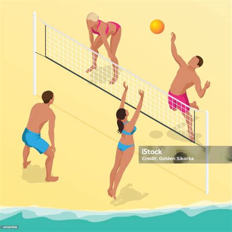그물에 비치 발리 볼 선수 점프를 하려고 공을 차단 합니다 여름 휴가 활성 개념 벡터 아이소메트릭 일러스트 레이 션 개체 그룹에 대한 스톡 벡터 아트 및 기타 이미지
