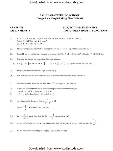 Cbse Class 11 Mathematics Worksheet Pdf Function Mathematics Mathematical Relations