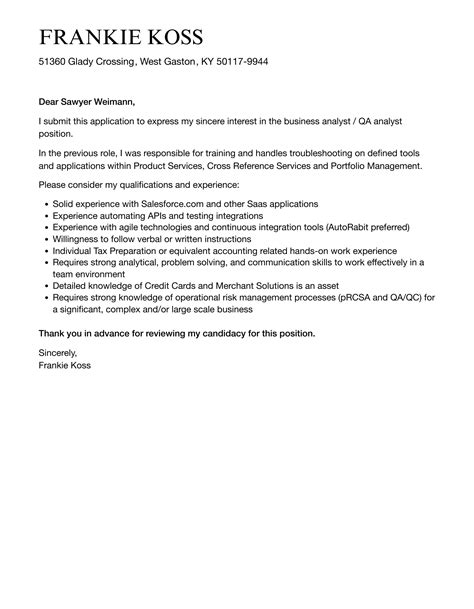 Business Analyst QA Analyst Cover Letter Velvet Jobs