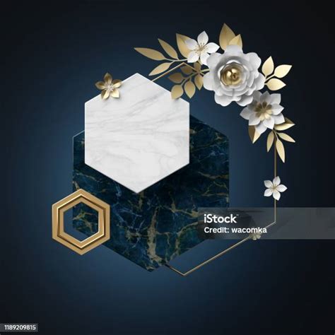 최신 최소 3d 렌더링 추상꽃 배경입니다 대리석 육각 보드 흰색과 금종이 꽃입니다 빈 배너 인사말 카드 모형 기하학적 모양과 식물 배열 0명에 대한 스톡 사진 및 기타