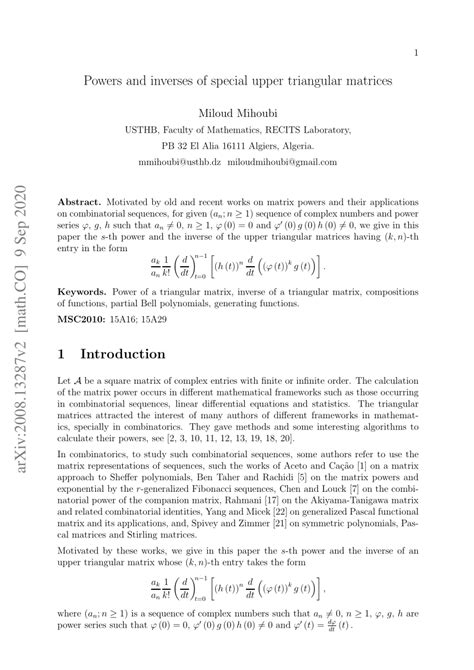 Pdf Powers And Inverses Of Special Upper Triangular Matrices