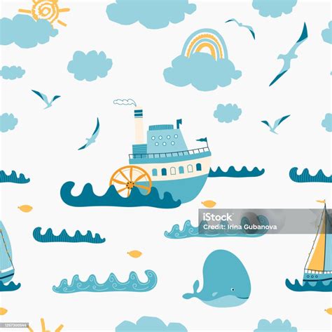 바다 경관 증기선 범선 고래 흰 배경의 갈매기가있는 어린이의 원활한 패턴 키즈 룸 디자인 벽지 직물 포장지 의류에 대한 귀여운 질감 벡터 일러스트레이션 0명에 대한 스톡
