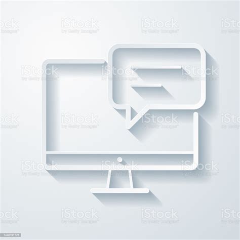 음성 거품이있는 데스크톱 컴퓨터 빈 배경에 종이 잘라내기 효과가 있는 아이콘 3차원 형태에 대한 스톡 벡터 아트 및 기타 이미지 3차원 형태 Brand Name