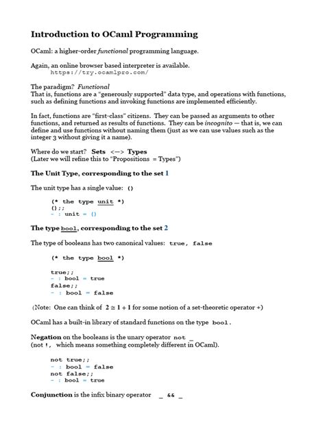 Introduction To Ocaml Programming Unit Pdf Boolean Data Type
