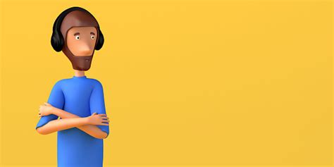 팔을 가진 젊은 남자는 노란색 배경에 헤드폰으로 음악을 듣고 교차 공간을 복사합니다 3d 일러스트레이션 만화 3차원 형태에 대한 스톡 사진 및 기타 이미지 Istock