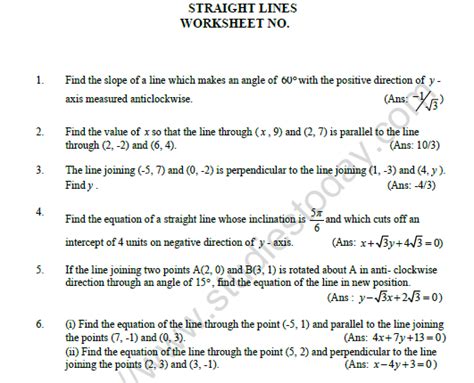 Cbse Class 11 Mathematics Straight Lines Worksheet