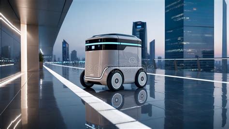 Autonomous Delivery Robot Navigating A Modern Urban Landscape At Dusk In A Bustling City Stock